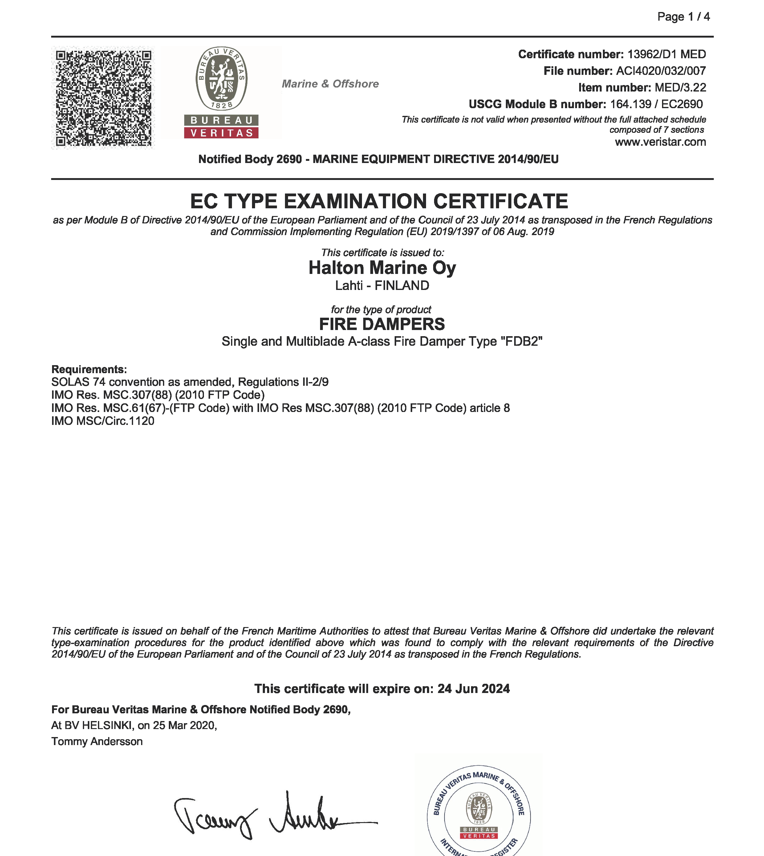 EC Type Examination Certificate for Halton FDB2 - Halton