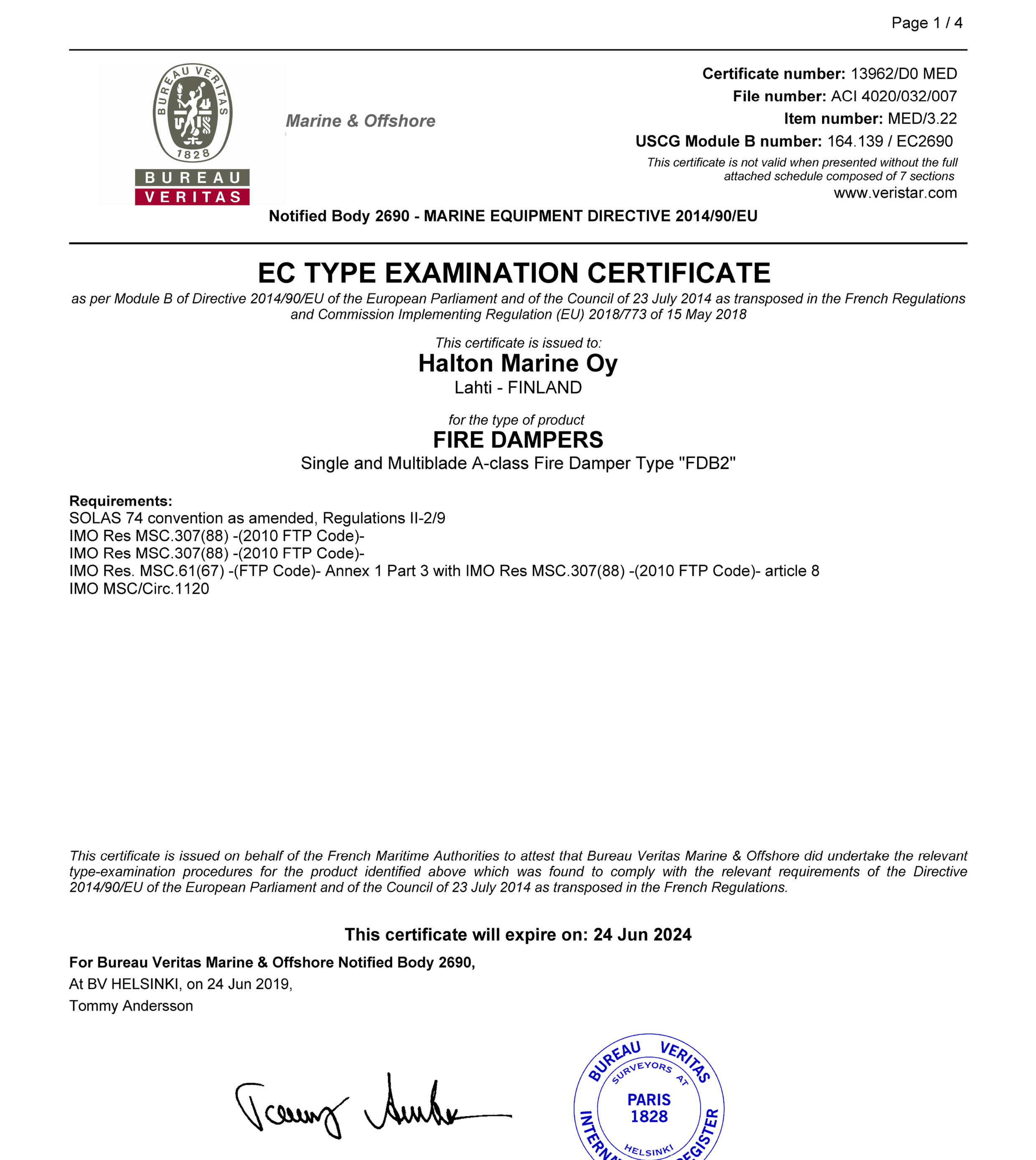 BV Certificate for Halton FDB2 - Halton