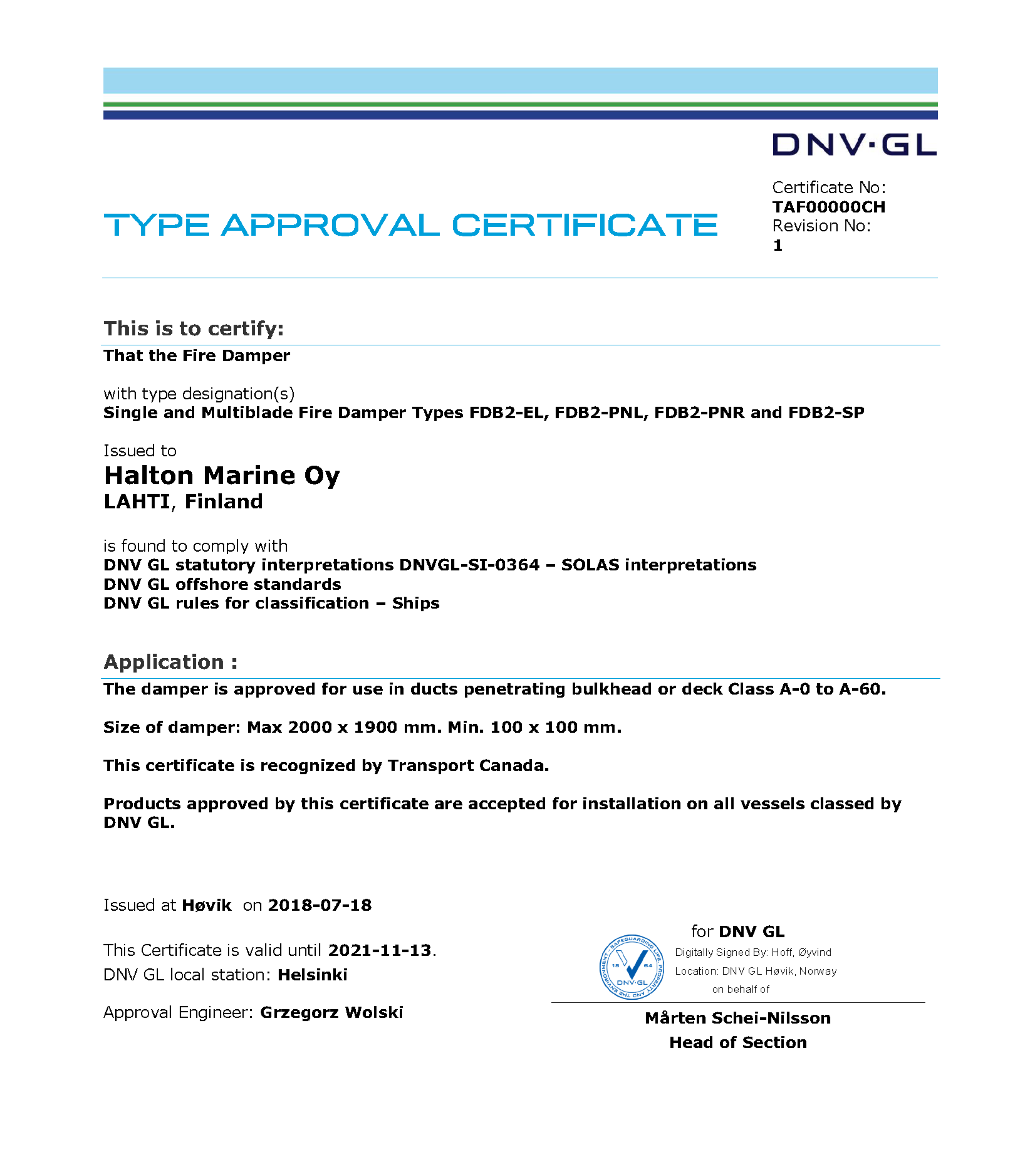 DNV Certificate for Halton FDB2 - Halton